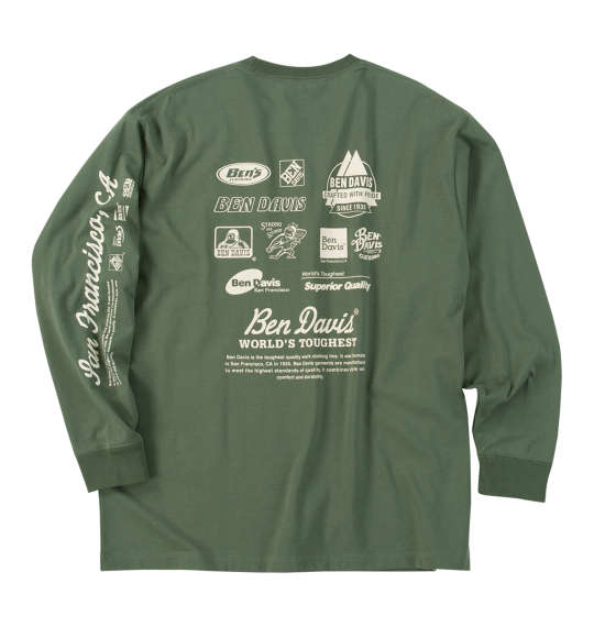 大きいサイズ メンズ BEN DAVIS スポンサードプリント 長袖 Tシャツ グリーングレー 1278-5610-1 3L 4L 5L 6L