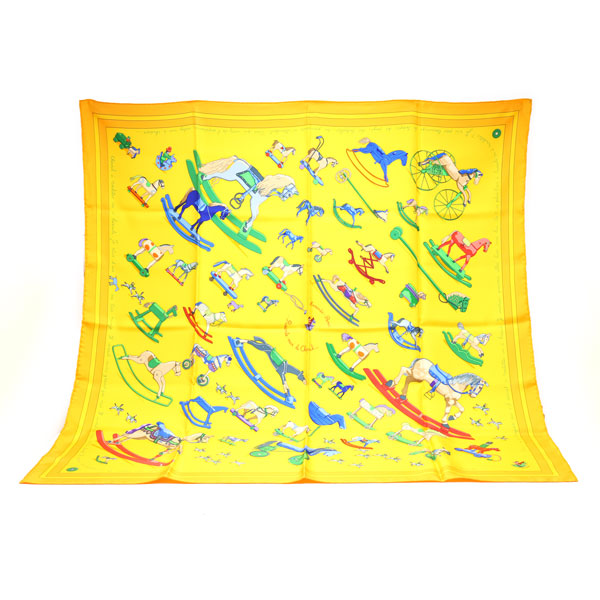 【楠本質店/元住吉】HERMES/エルメス　スカーフ カレ90「Raconte moi Le Cheval」　イエロー系　箱付【中古】