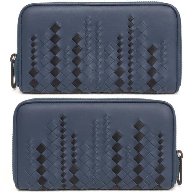 ボッテガ・ヴェネタ イントレチャート ラウンドファスナー長財布 レザー ブルー系×ブラック バイカラー