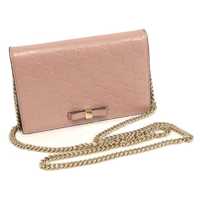 【中古】グッチ チェーン ショルダー ウォレット(431408)リボン ピンク レザー
