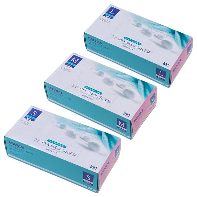 アイ・ジー・オー　ラテックスシルクゴム手袋　サイズ混載可(S・M・L)　粉付　100枚×30箱入●ケース販売お徳用【メーカー直送・代引き不可・時間指定不可・沖縄、離島不可】