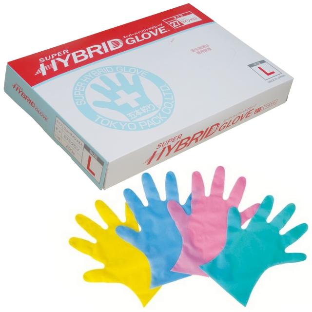 東京パック　エンボス手袋　スーパーハイブリッドグローブ　ニューマイジャスト　内エンボス　イエロー　L　200枚×20箱入【取り寄せ商品・即納不可】