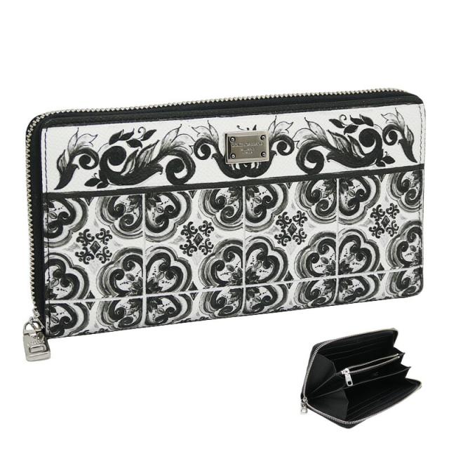 【2025年秋冬新作】 ドルチェ＆ガッバーナ DOLCE&GABBANA マヨリカプリント カーフスキン ウォレット BP1672AN719IU3TN ドルガバ ラウンドファスナー 長財布 ホワイト+ブラック メンズ 【新品 新作 未使用 正規品】
