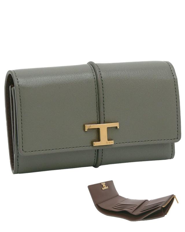 トッズ TOD'S T タイムレス レザー ウォレット XAWTSKB3300TLS9O90 tods 三つ折りコンパクト財布 小銭入れ付 カーキグレー+ブラウン レディース 【新品 新作 未使用 正規品】