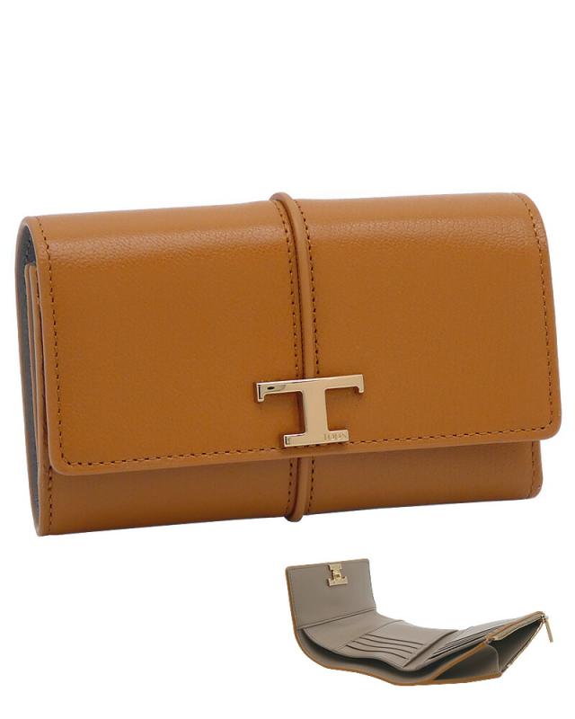 トッズ TOD'S T タイムレス レザー ウォレット XAWTSKB3300TLS9O93 tods 三つ折りコンパクト財布 小銭入れ付 ライトブラウン+グレージュ レディース 【新品 新作 未使用 正規品】
