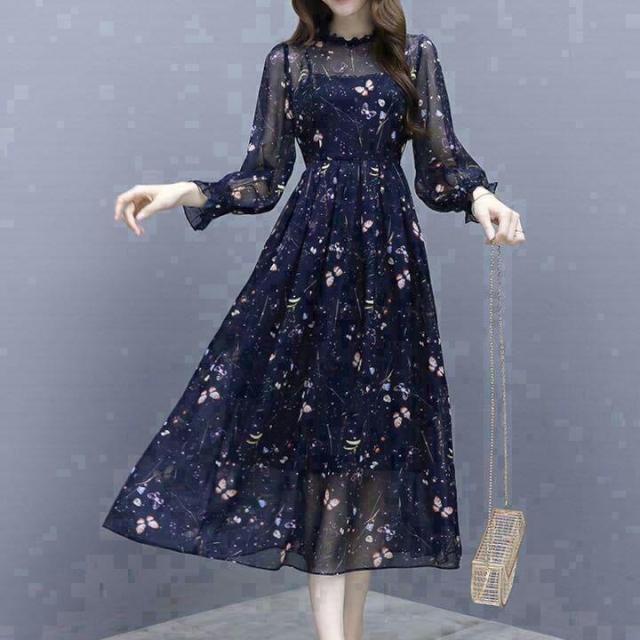 プリントブルーレディースドレス - 超人気！