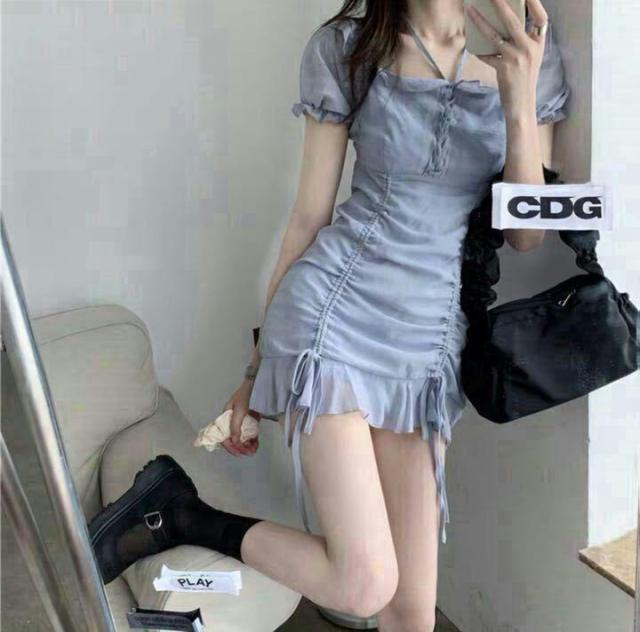 韓国ファッション　ブルーフリルミニワンピース