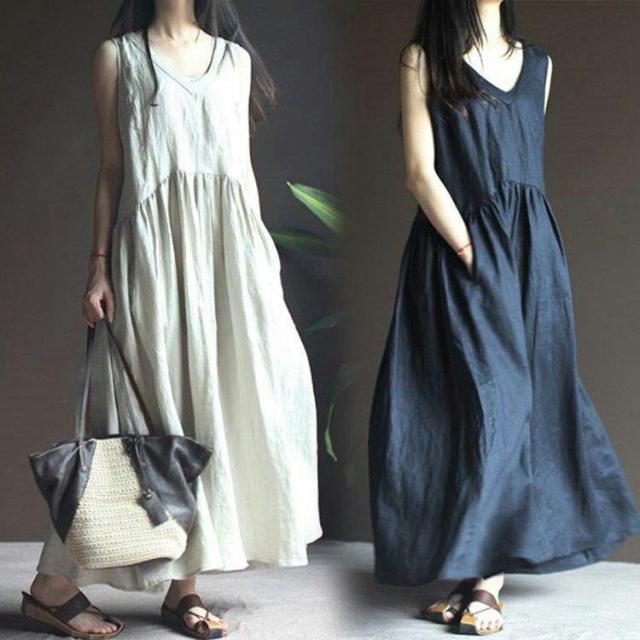 マキシワンピース夏 半ノースリープワンピース リネンスカート