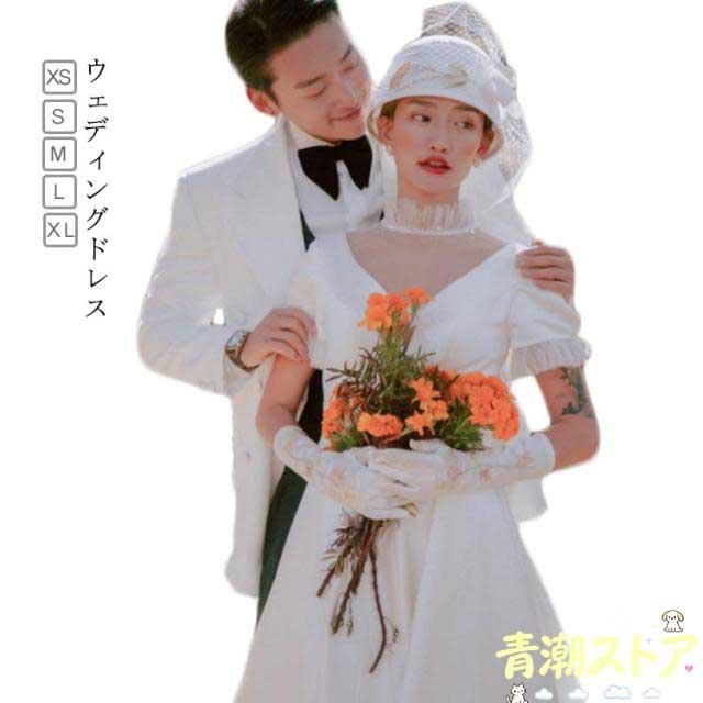 シンプル プリーツ フェミニン パフスリーブワンピース パフスリーブ ウエディングドレス パフスリーブ ドレス ワンピース ミモレ ミモレ丈 Aライン 結婚式 ウェディングドレス