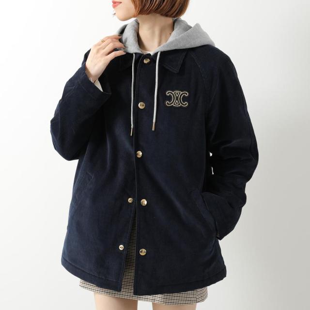 CELINE セリーヌ カーコートジャケット TRIOMPHE トリオンフ レディース コーデュロイ ジャージーフード付き ネイビー