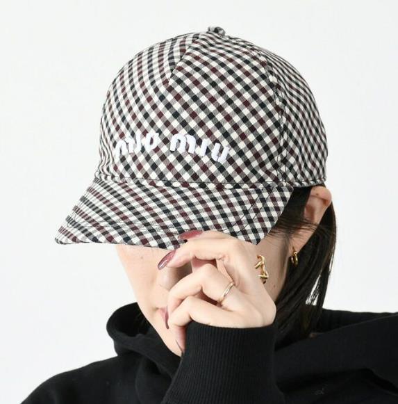 MIU MIU ミュウミュウ キャップ ギンガムチェックベースボール CAP  レディース  ボルドー 帽子 ギンガムチェック ロゴ