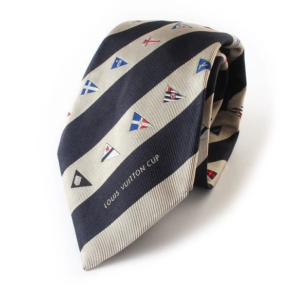 【中古】LOUIS VUITTON CUP ルイヴィトン ネクタイ ヴィトンカップ ストライプ フラッグ シルク イタリア製 限定 ネイビー×ホワイト