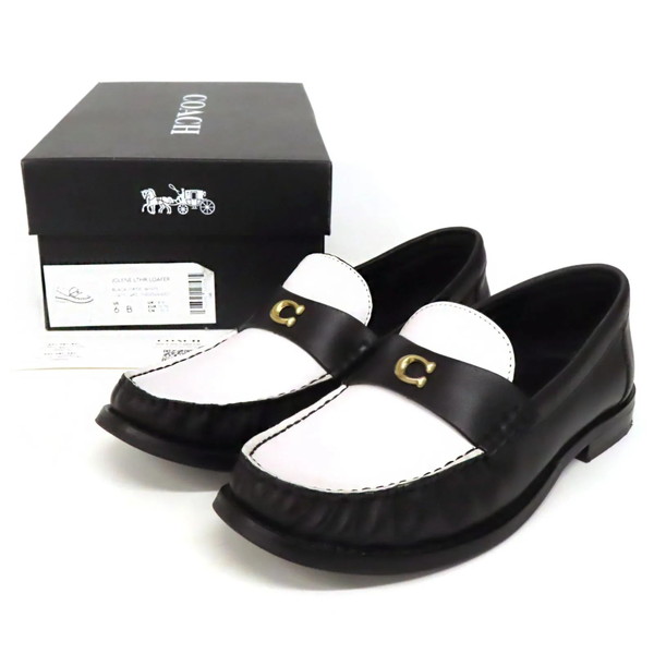 【美品】BY0002 美品 COACH コーチ JOLENE LTHR LOAFER ジョリーン ローファー スリッポン レザー シューズ 6B 黒×白 レディース