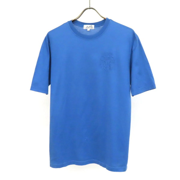 【美品】 HERMES エルメス 馬車 Hロゴ刺繍 丸首 ラウンドネック コットン 半袖 Tシャツ カットソー M 青 ブルー メンズ イタリア製 ヴィンテージ