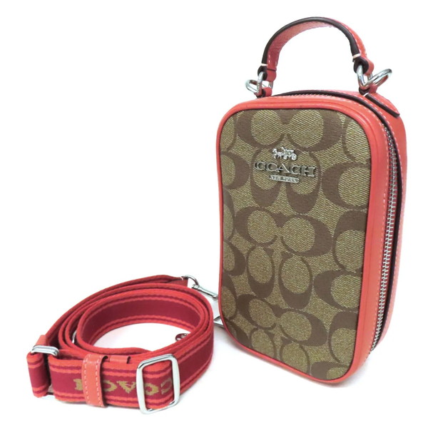 【極美品】COACH コーチ エヴァ フォーン クロスボディ 2WAY ミニ ハンドバッグ ショルダーバッグ シグネチャー PVC×レザー ラウンドジップ 斜め掛け スマホショルダー ポシェット ベージュ×ピンク系 レディース