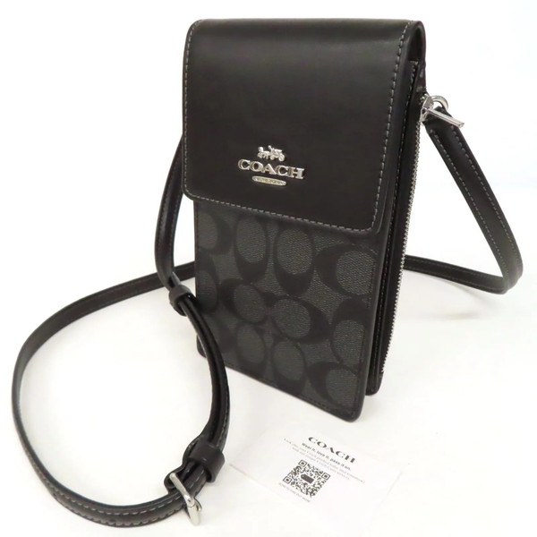【極美品】COACH コーチ サウス フォーン クロスボディ ミニ ショルダーバッグ シグネチャー PVC×レザー メタルロゴ シルバー金具 フラップ 斜め掛け スマホショルダー 黒 ブラック レディース
