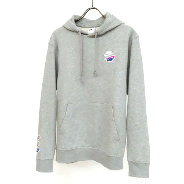 【美品】NIKE ナイキ プルオーバー パーカー トレーナー カスタムスウェット ロゴプリント 韓国限定 Sサイズ グレー メンズ