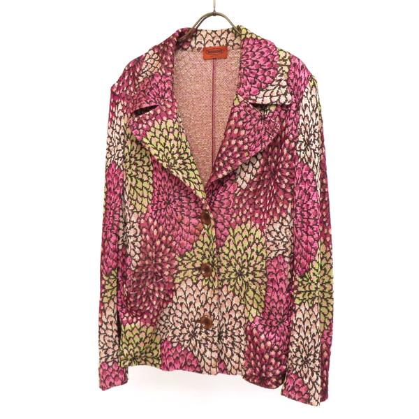 【美品】MISSONI ミッソーニ ニットジャケット 花柄 総柄 テーパード 3つ釦 ウール混 レーヨン size48 ピンク イタリア製 レディース【WI25034】