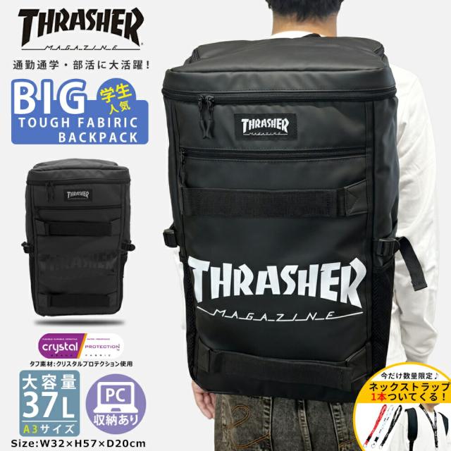 リュック 通学 大容量 37L 特典つき スラッシャー 撥水 タフ THRASHER 通勤 メンズ レディース 中学生 高校生 大学生 部活 入学 旅行 2泊3日 黒 ビッグロゴ 丈夫 おしゃれ ブランド バックパック ストリート スケボー バッグ 学生 人気