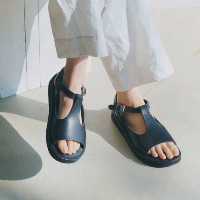 オーガニックハンドルーム Organic Handloom HOHEN 020009 ブラック Tストラップ サンダル フラット 日本製 天然皮革「靴」