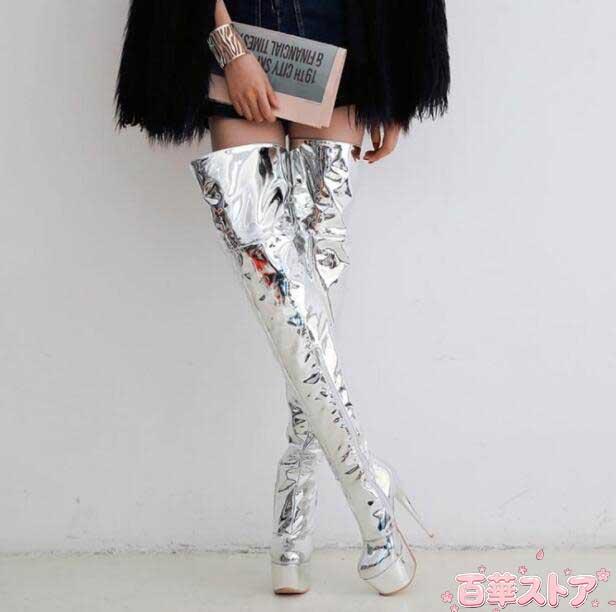 レディースブーツニーハイブーツエナメル16cm超ハイヒール光沢ロング丈秋冬春秋サイハイブーツ大きいサイズ