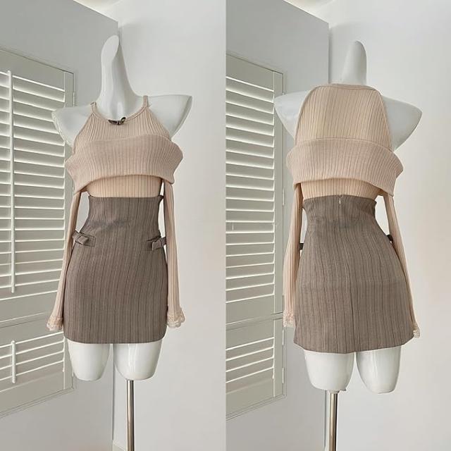 オフショルダー ニット ワンピース レディース きれいめ セクシー 肩だし 長袖 お洒落 可愛い リボン レース ミニ 清楚系 大人 女性らしい フェミニン 甘い 女の子  ファション 普段着 通勤 お茶会 女子会 春 秋 冬