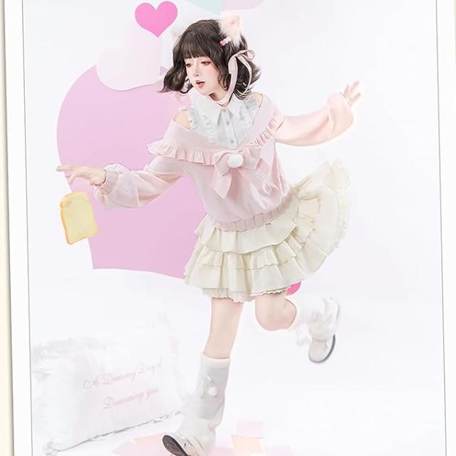 地雷系かわいいツーピース 量産型 水色 肩出しデザイン バレエ風ケープ式 シャツ襟＋蝶結びボタン付き レディース ニットセーター＆スカートセット