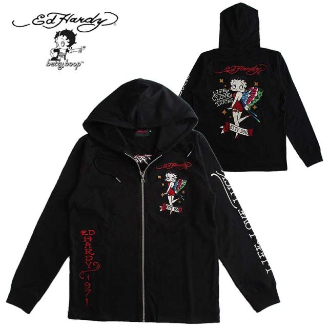 エド・ハーディー Ed Hardy ベティーブープ Betty Boop コラボ 天竺ZIPパーカー/長袖Tシャツ（ロンT） 刺繍 メンズ レディース 送料無料