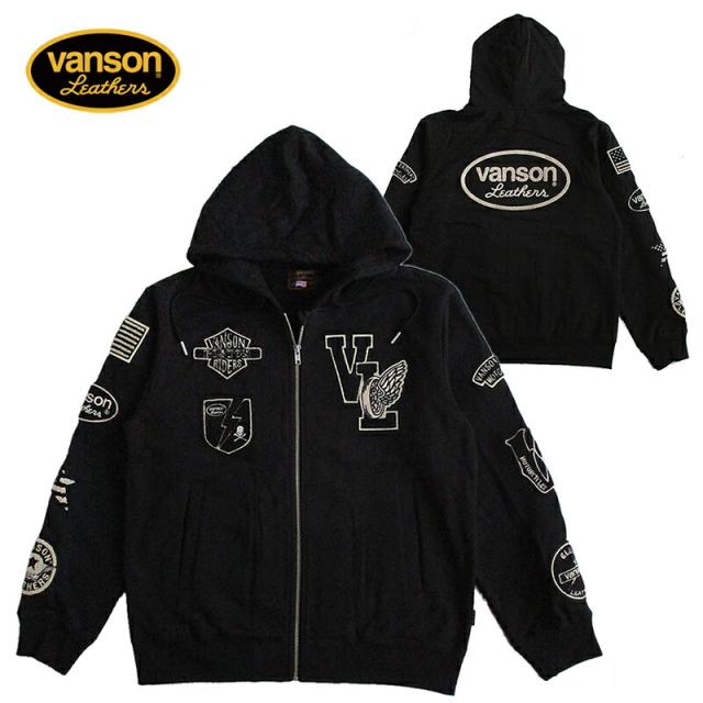 VANSON バンソン メンズ 裏毛ZIPパーカー スウェット カラー：BLACK プレミアムライン さがらワッペン 送料無料
