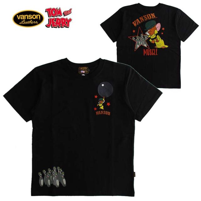 VANSON/バンソン トムとジェリー コラボ 天竺半袖Tシャツ メンズ レディース カラー：BLACK トム＆ジェリー キャラクター 刺繍 送料無料