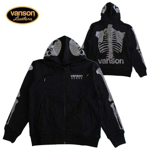 VANSON バンソン メンズ 裏毛ZIPパーカー スウェット カラー：BLACK 50周年モデル ラインストーン スカル 送料無料