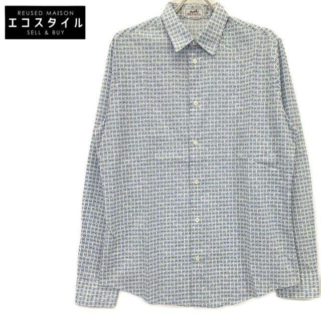 HERMES エルメス トップス 40 ブルー×ホワイト メンズ