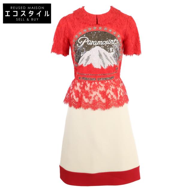 GUCCI グッチ ワンピース 36 レッド×アイボリー レディース