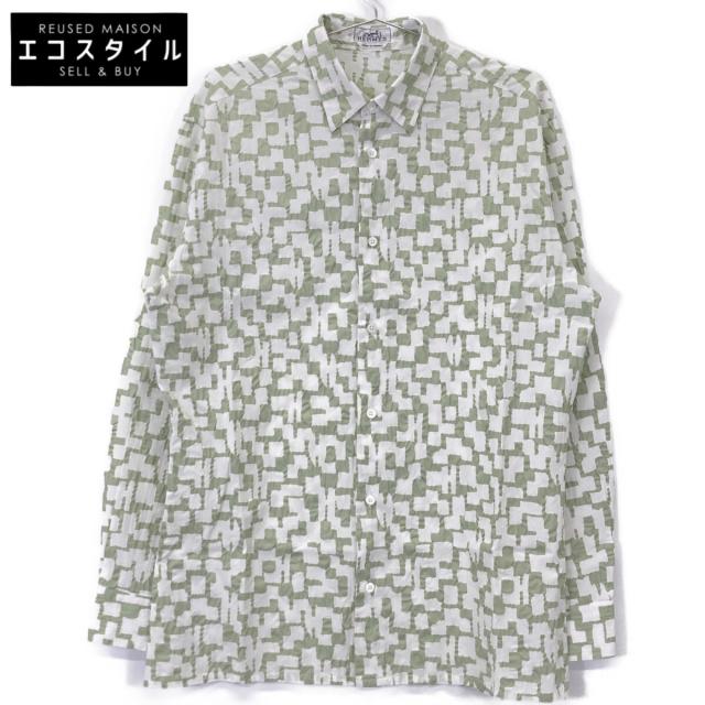 HERMES エルメス トップス 39 グリーン×ホワイト メンズ