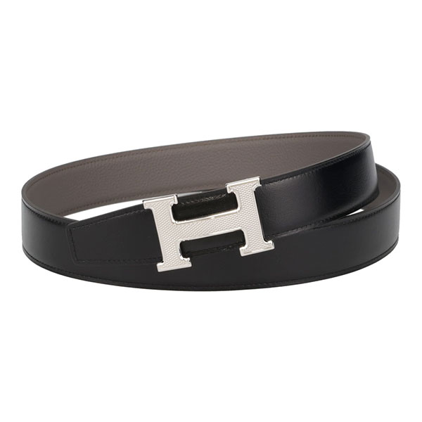 エルメス ベルト HERMES Hギヨシェ ボックスカーフ/トゴ シルバーバックル ブラック/エタン 95cm 5382