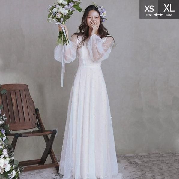 ウェディングドレス 花嫁 長袖 シンプル 白ドレス Vネック ワンピース 花嫁 結婚式 二次会 披露宴 前撮り 後撮り 撮影用