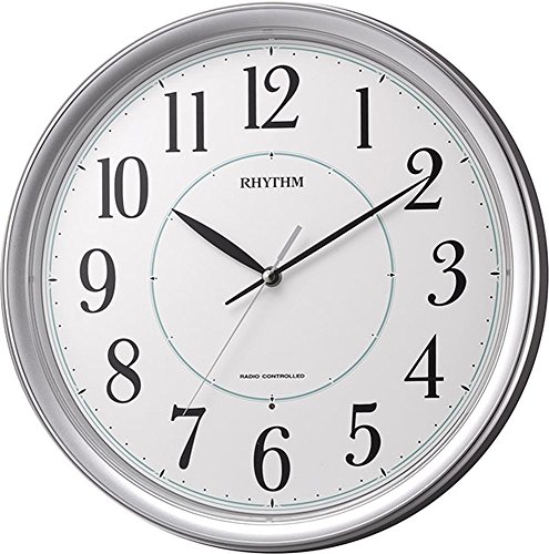 リズム時計 掛け時計 電波 アナログ フィットウェーブプリミエ 連続秒針 銀(中古品)