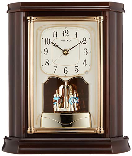 セイコー クロック 置き時計 電波 アナログ 回転飾り 木枠 濃茶 木地 BY233(中古品)