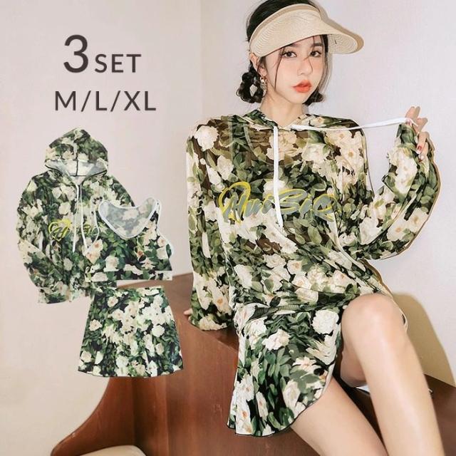 メッシュフード付きパーカー セット水着水着 レディース 3点セット 体型カバー セパレート ビキニ タンキニ 花柄 フード付き メッシュパーカー セット水着 スポブラ ショートパンツ スカート フィットネス スポーツ ジム おしゃれ 20代 30代 ママ 可愛い スイムウェア