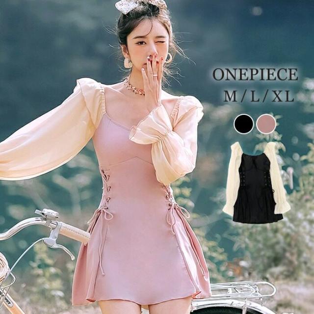 ポエットスリーブ レース アップ ワンピース水着 水着 レディース 体型カバー ワンピース 長袖 ピンク ブラック ホワイト 20代 高校生 可愛い おしゃれ ショートパンツ オールインワン水着 ボリューミー袖 大人 女性 リゾート水着 ロングスリーブ