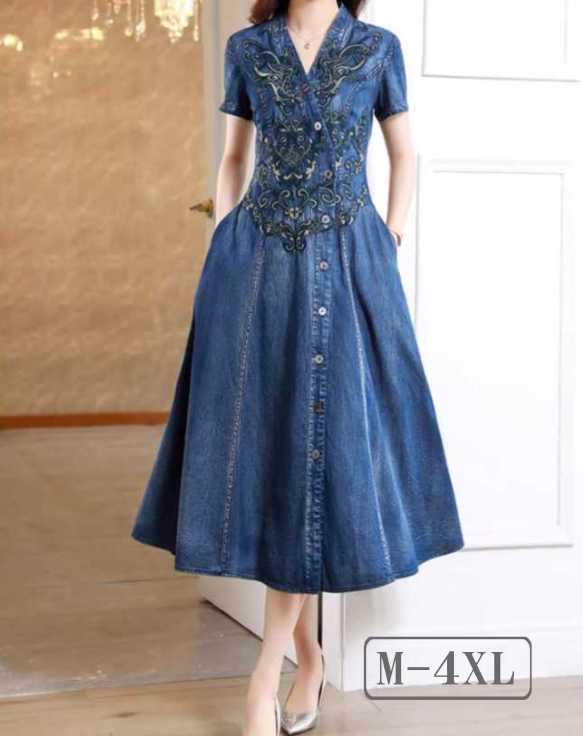 きれいめデニムワンピース レディースファッション カジュアル 20代 30代 40代 50代 春 夏 デニムワンピ 大きいサイズ M L XL 2XL 3XL 4XL アジアン刺繍 フロントボタン