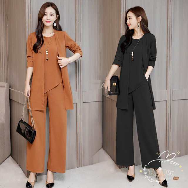 パーティードレスパンツセットアップ3点セットかっこいい大きいサイズ結婚式お呼ばれフォーマル黒無地ママシンプルコーデ茶色安いスーツ
