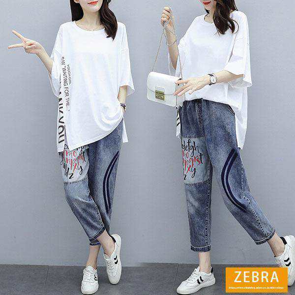 セットアップ レディース 夏 カジュアル コーデ 40代 トップス tシャツ デニムパンツ ワイドパンツ 上下セット 大きいサイズ おしゃれ 着痩せ 通勤 上品 OL 新品