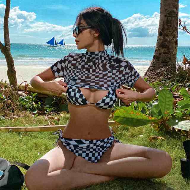 3点セット 水着 ビキニ レディース 三角ビキニ ホルターネック パッド付き 半袖 スリーピース かわいい 大人可愛い きれいめ カジュアル 大人っぽい おしゃれ お洒落 レトロ ラブリー キュート ガーリー 個性的 かっこいい セクシー 千鳥格子 リゾート 旅行 夏 海 韓国