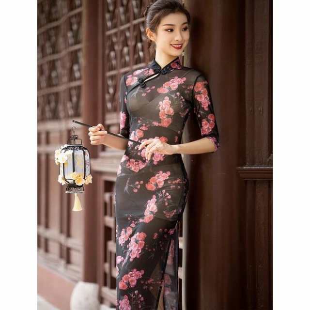 チャイナドレス レディースワンピース ダンスウエア中華風ロングドレス中袖スタンドカラー 社交ダンス モダンドレス花柄プリント演出服 舞台 全店二点送料無料