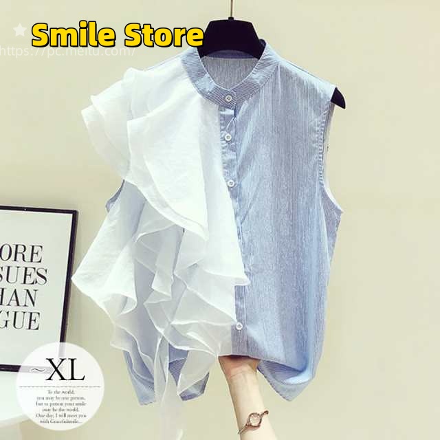 シャツ ブラウス トップス 夏 レディース 大人かわいい ノースリーブ フリル 片方 ボタン 前開き ストライプ 縦ライン ガーリー 主役級 ブルー ホワイト ベーシック 魅力的 デート イベント フ