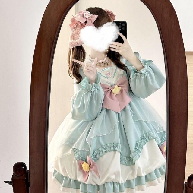 ロリータ 大きいサイズ フルロリータ ネイビー ネックop 長袖 ポッドワンピース 長袖ドレス