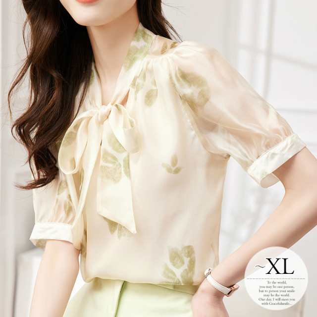 シャツ ブラウス トップス 春 夏 きれいめ 半袖 袖あり レディース 大きいサイズ オフィス 通勤 ボウタイブラウス ボウタイリボン 柄物 シースルー 透け感 涼し気 上品 エレガント オフィススタ