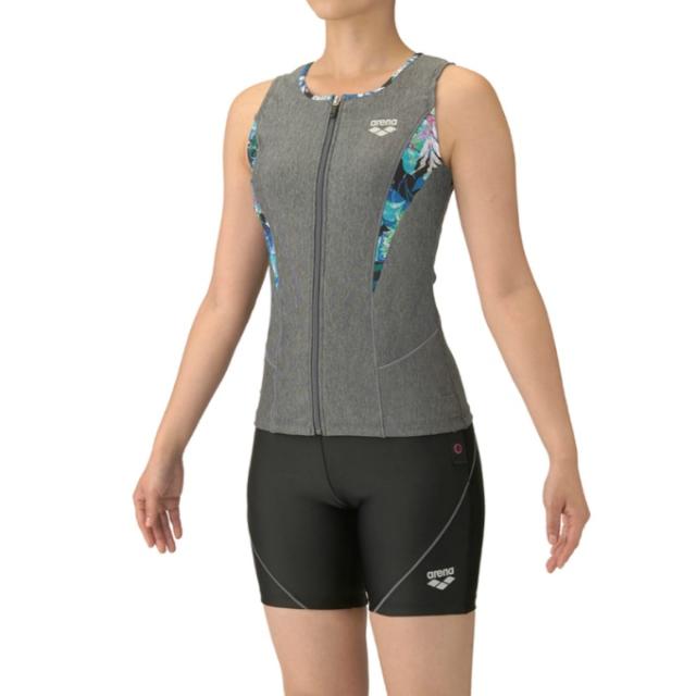 アリーナ(arena) フィットネス水着 セパレート レディース スラットフルジップセパレーツ 切替柄 AS5FWF46L-GYBK