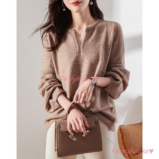 ニットセーター レディース 秋冬 40代 トップス 長袖 厚手 ニットソー 無地 vネック 韓国風 ショート丈 ニットトップス ゆったり セーター 通勤 着痩せ